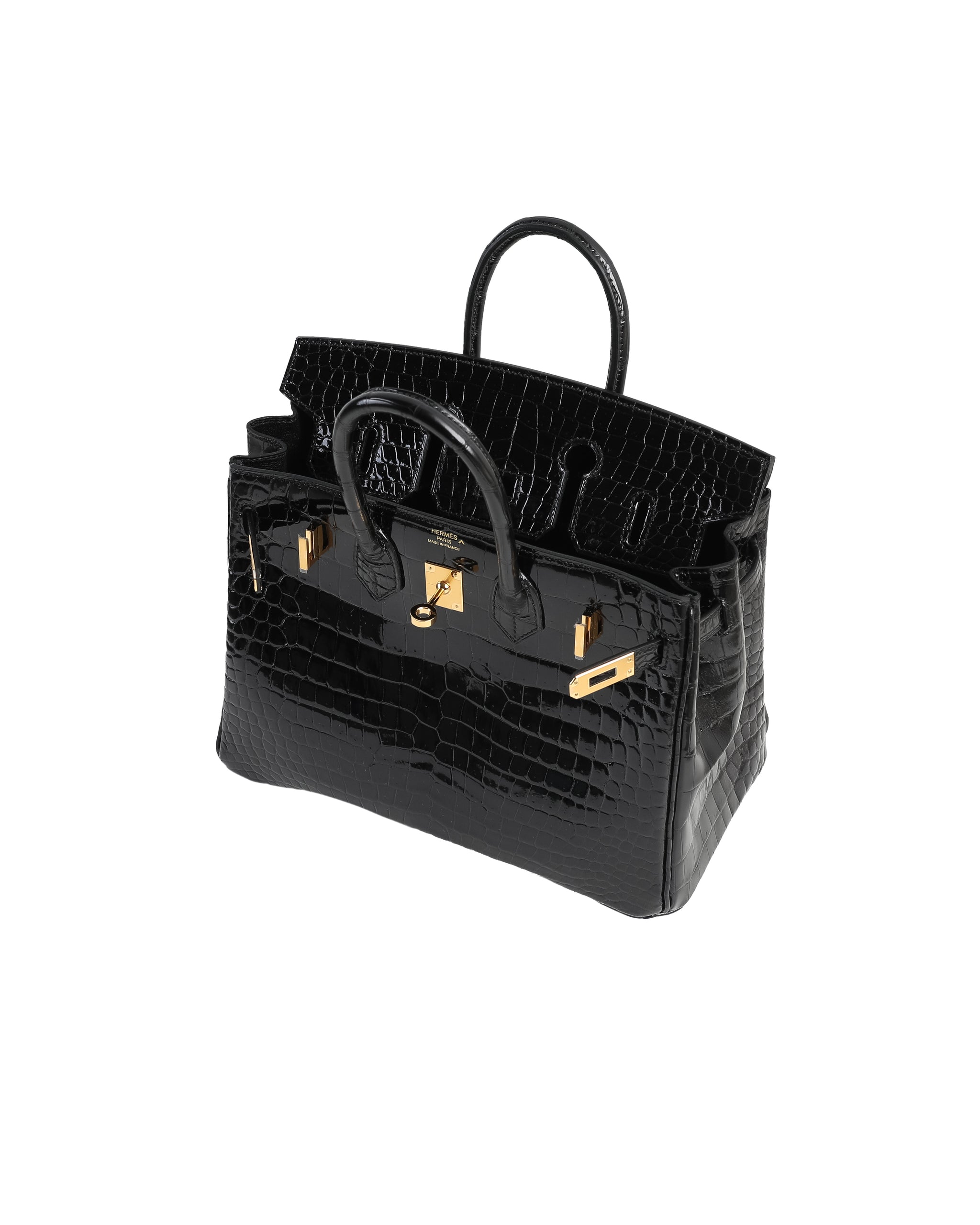 Birkin 25 in Black Shiny Porosus Crocodile with Gold Hardware ...